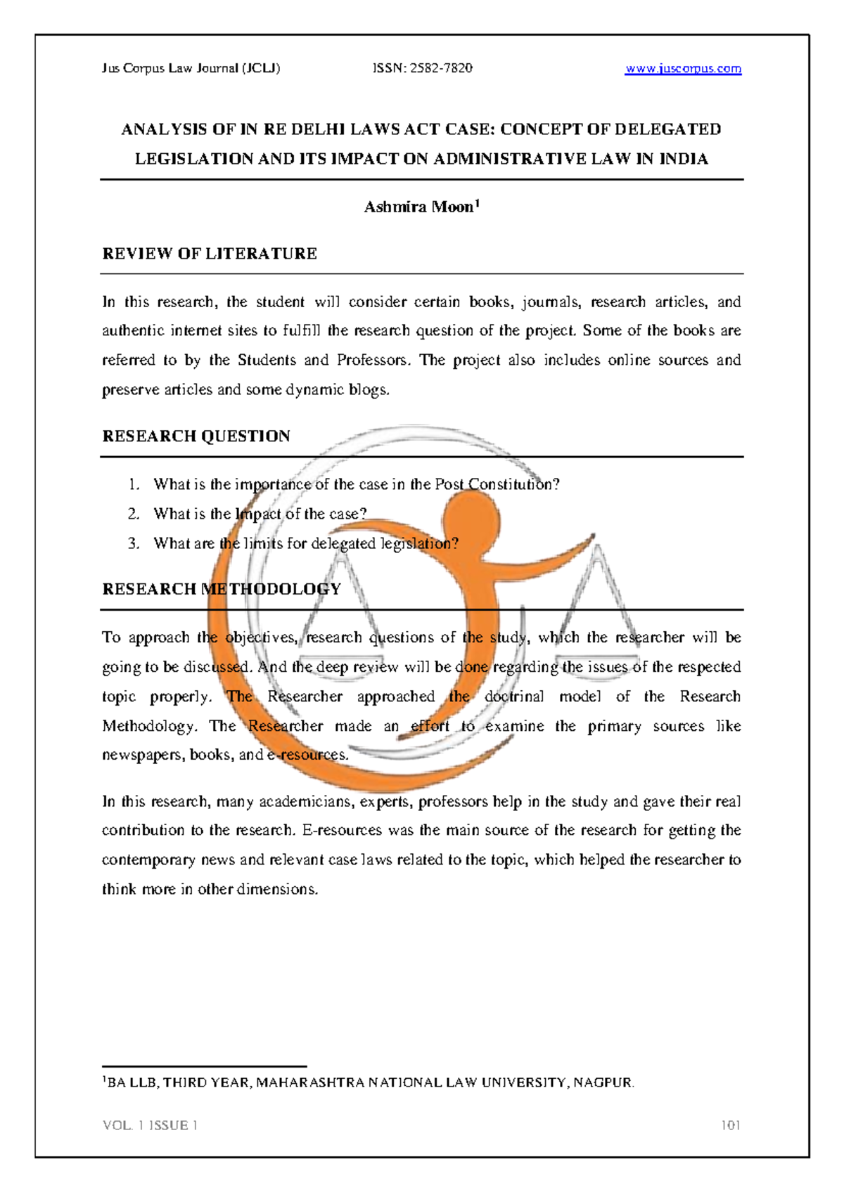 Re delhi case - ANALYSIS OF IN RE DELHI LAWS ACT CASE: CONCEPT OF ...