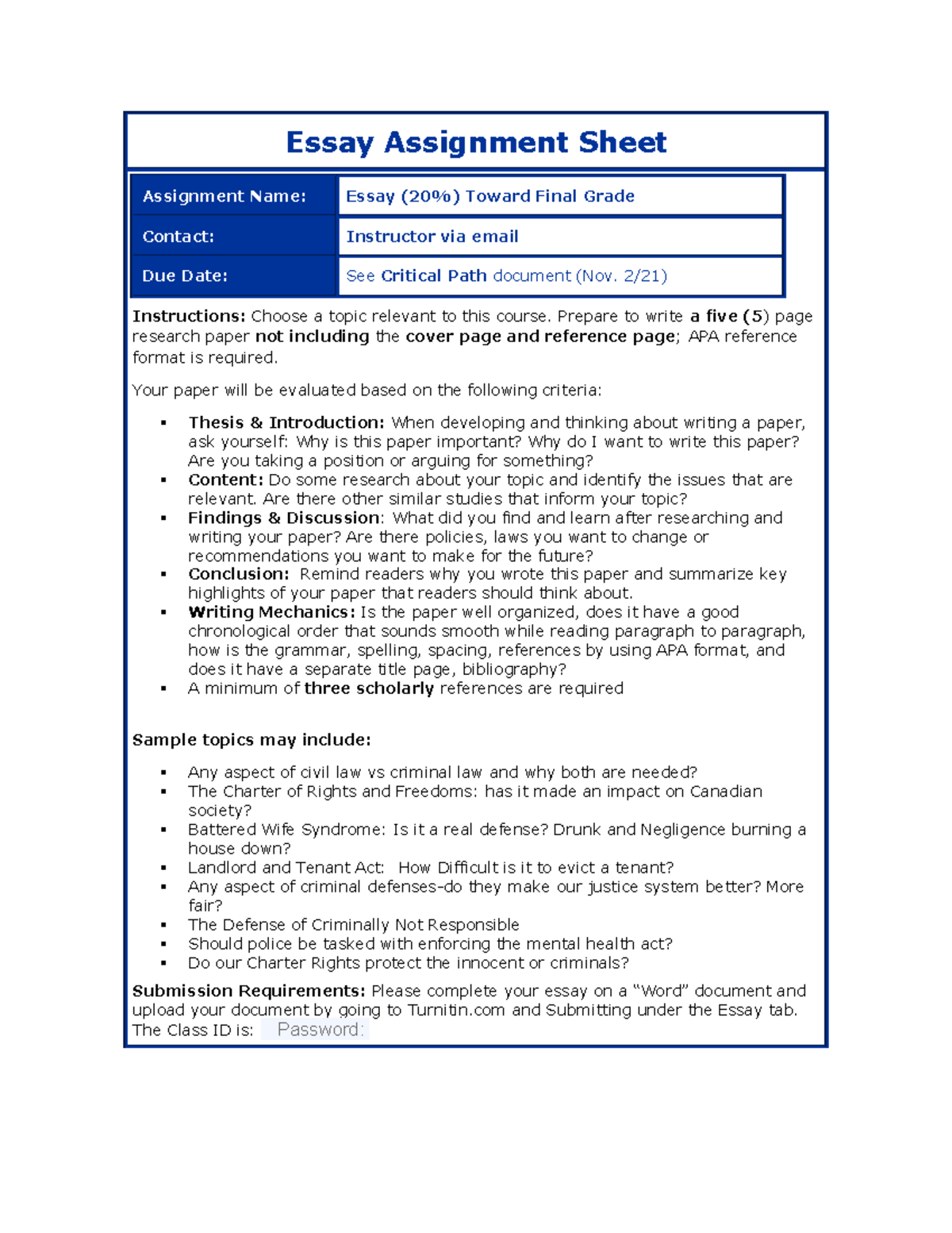 Essay Assignment Sheet Instruction Essay Assignment Sheet Assignment