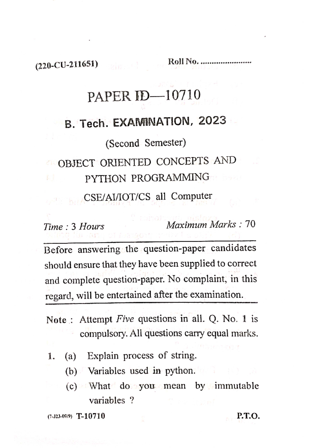 OOPs in Python PYQ 2023 - BTech - Studocu