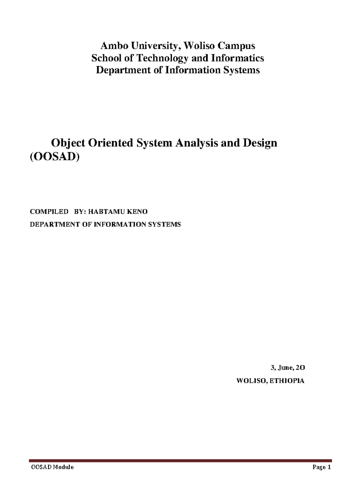 Revised Oosad Module 2020 - Ambo University, Woliso Campus School of Technology and Informatics ...