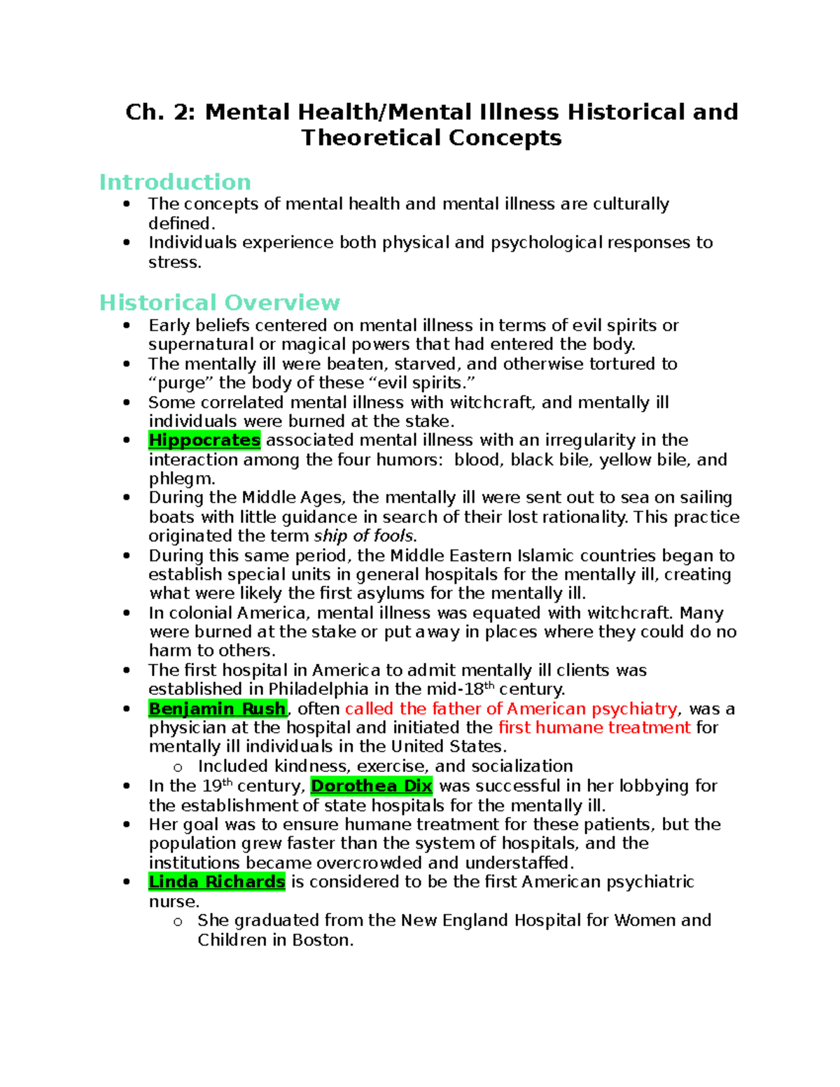 Ch. 2- Mental Health:Mental Illness Historical and Theoretical Concepts ...