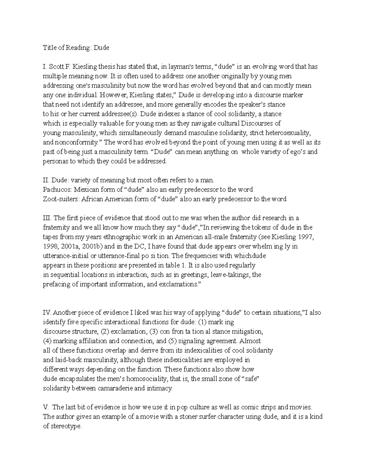 Outline #2 - Title of Reading: Dude I. Scott F. Kiesling thesis has ...