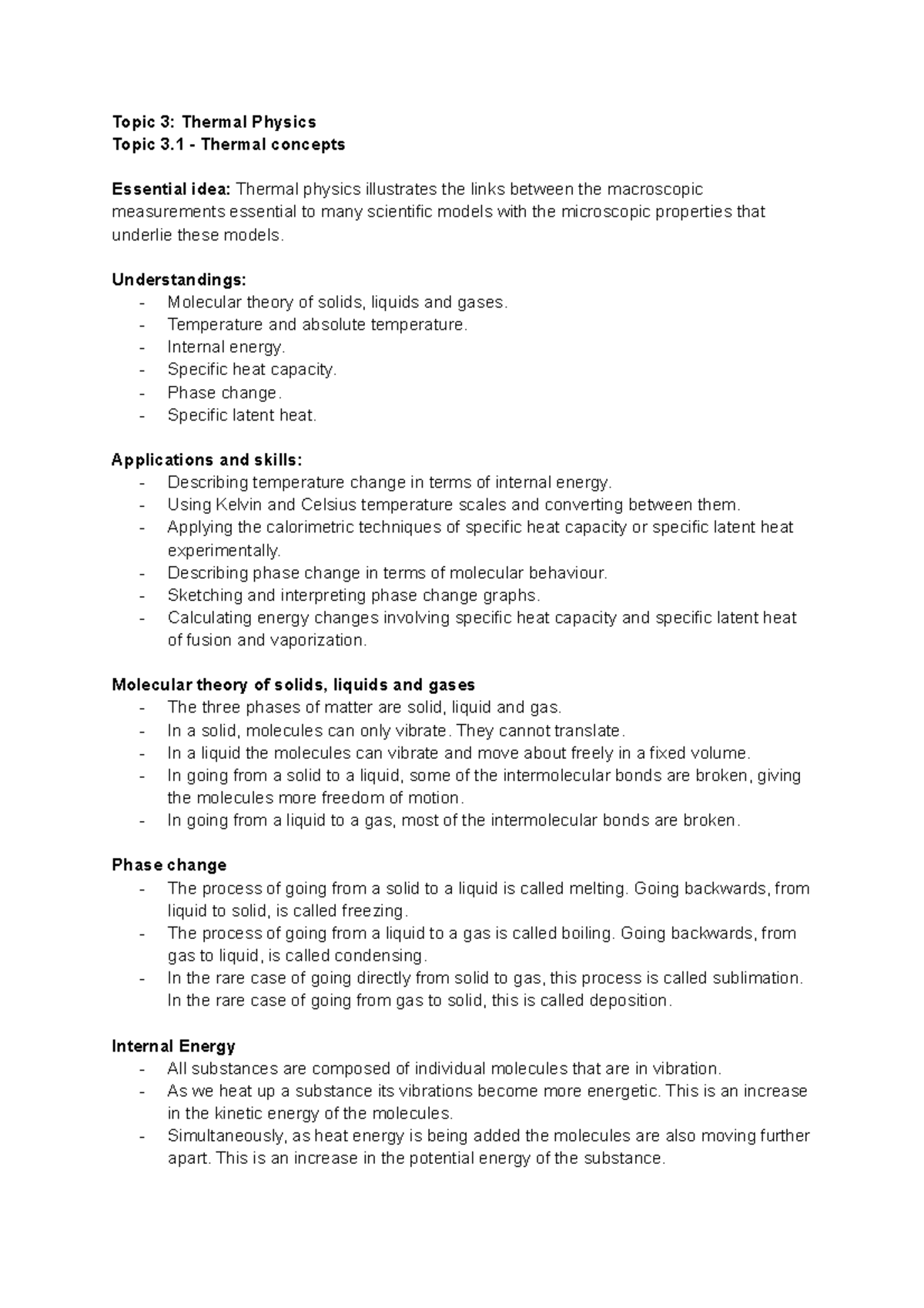 Topic 3.1 - Thermal Concepts - Topic 3: Thermal Physics Topic 3 ...