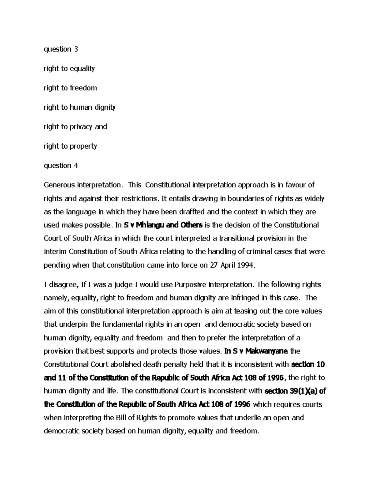 Human rights test question 3,4 and 5 - question 3 right to equality ...
