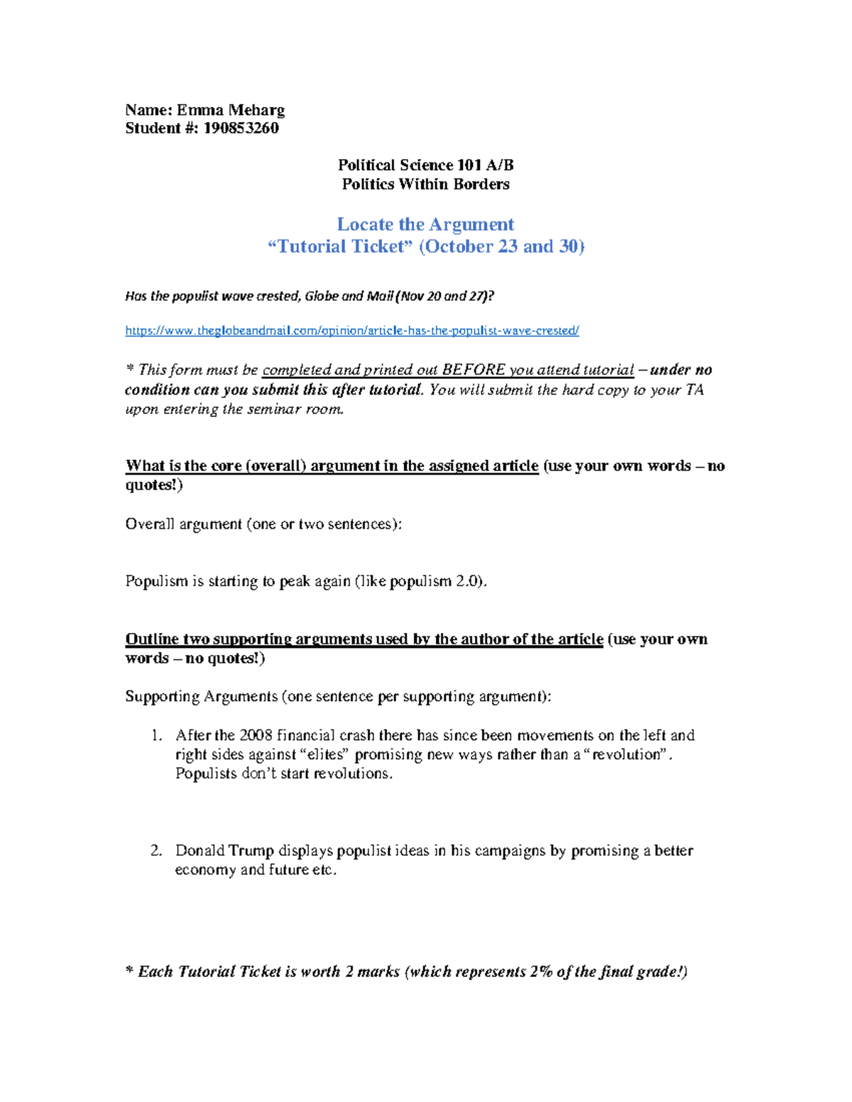 Tutorial Ticket Form November 20 and 27 - Name: Emma Meharg Student ...