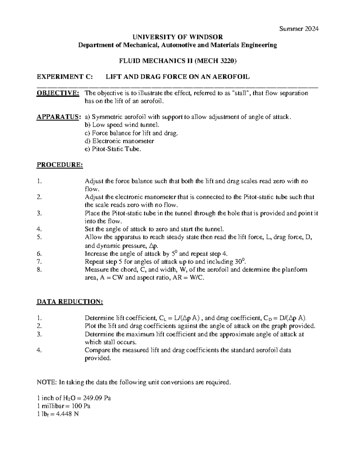 Experiment C-Lift and drag-2024 - Summer 20 24 UNIVERSITY OF WINDSOR ...