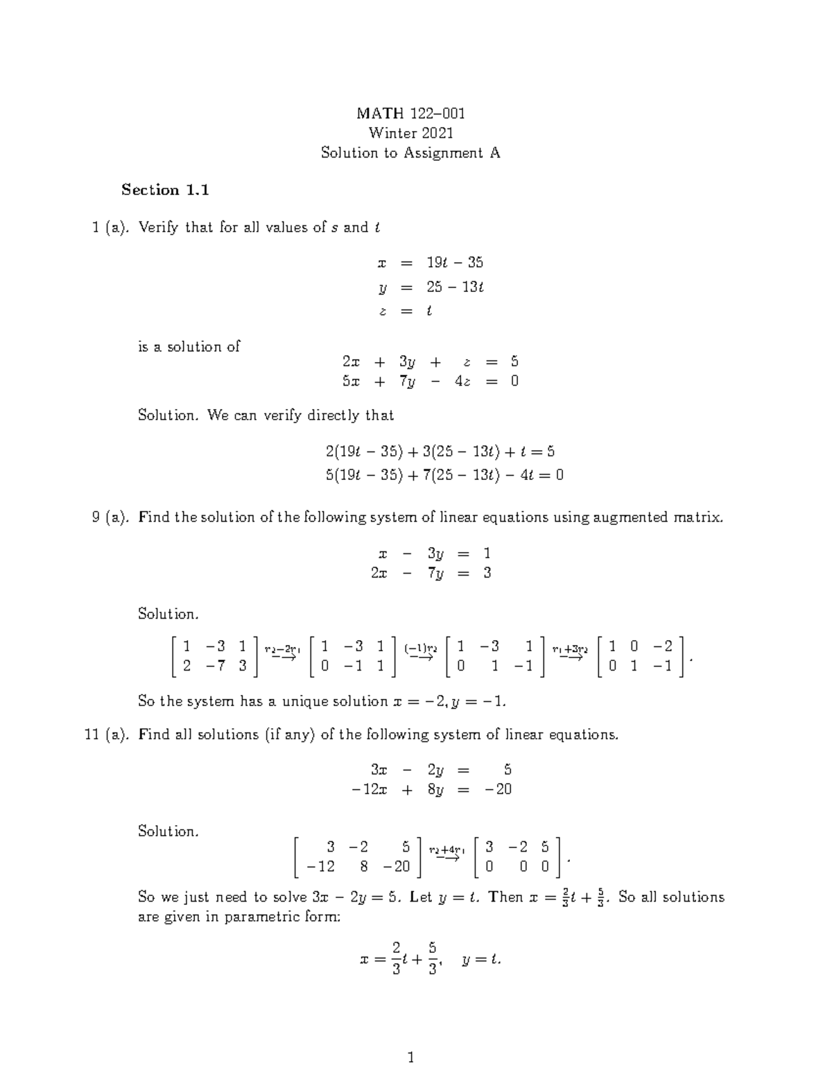 Math 122 practice assignment 1 solutions - MATH 122– Winter 2021 Solution to Assignment A ...