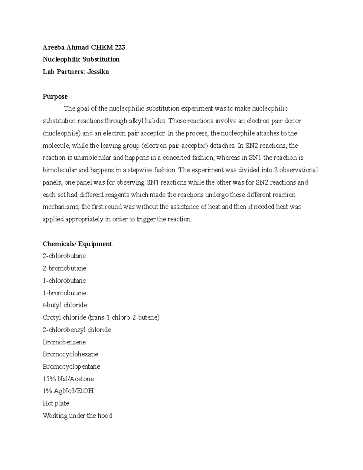 Orgo 1 lab report 5 - 100 - Areeba Ahmad CHEM 223 Nucleophilic ...