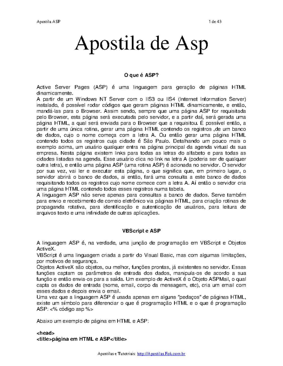 Asp - ASP CLASSICO como funciona e o basico da linguagem - Apostila de ...