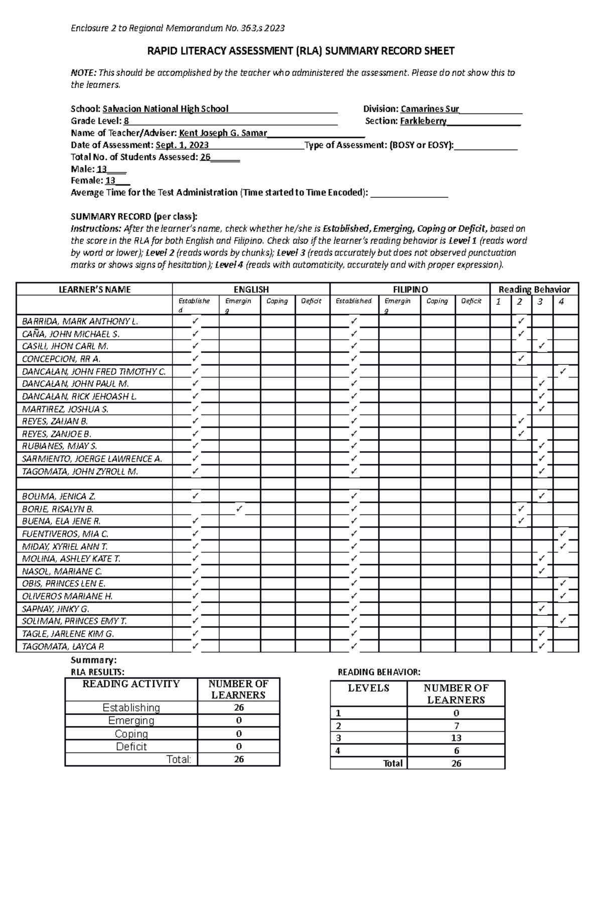 RLA Summary Record Sheet - Enclosure 2 to Regional Memorandum No. 363,s ...