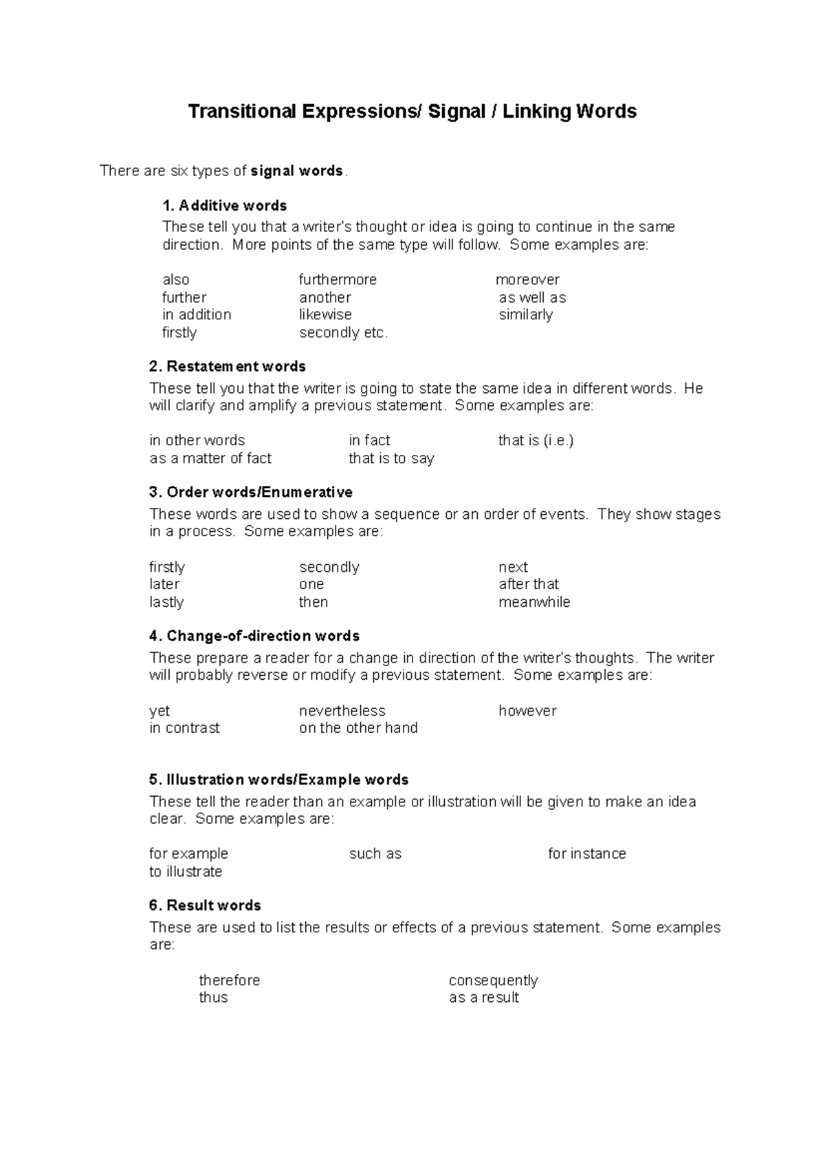 Linking - Signal Words pharaphrasing - Transitional Expressions/ Signal ...