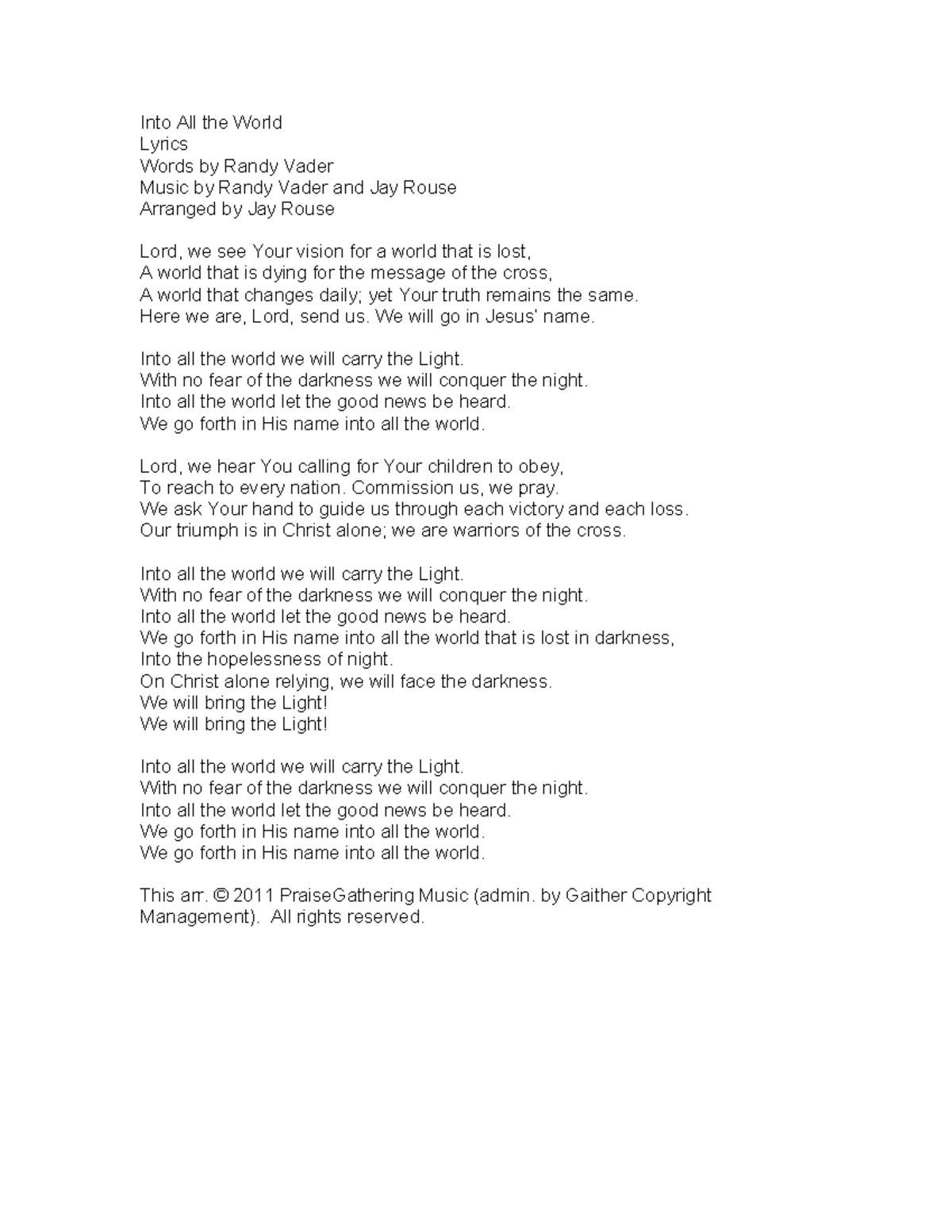 Lyrics - otni lla eht dlrow - Into All the World Lyrics Words by Randy ...