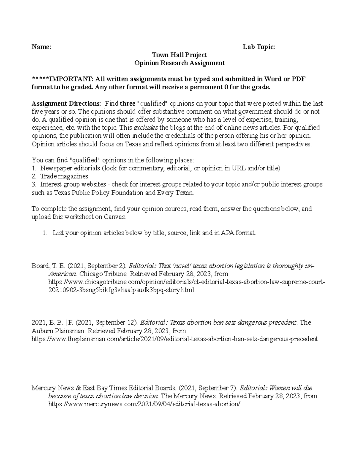 Opinions Worksheet - Name: Lab Topic: Town Hall Project Opinion ...