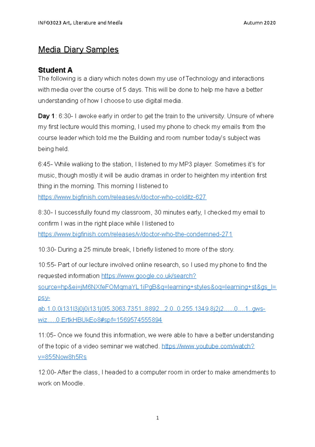 Media Diary Samples - Media Diary Samples Student A The following is a ...