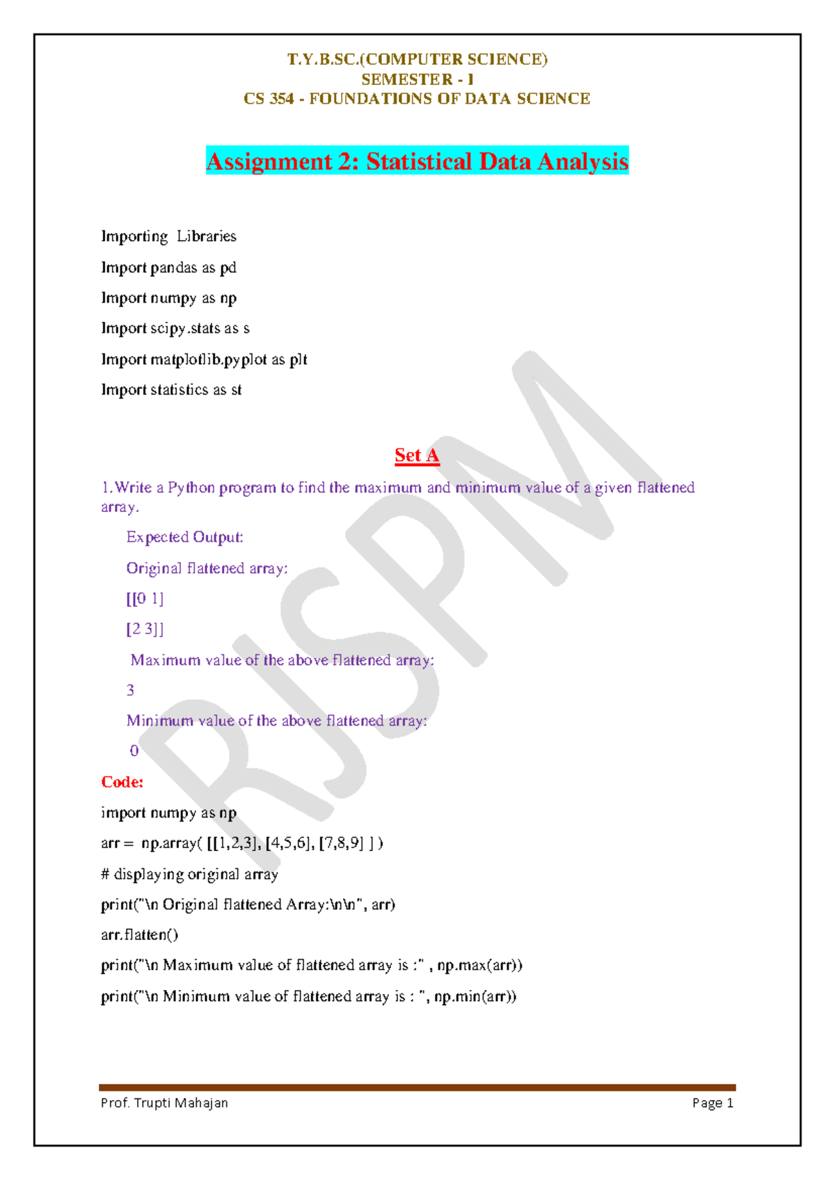FDS Practical Assignment 2 - SEMESTER - I CS 354 - FOUNDATIONS OF DATA SCIENCE Assignment 2 ...