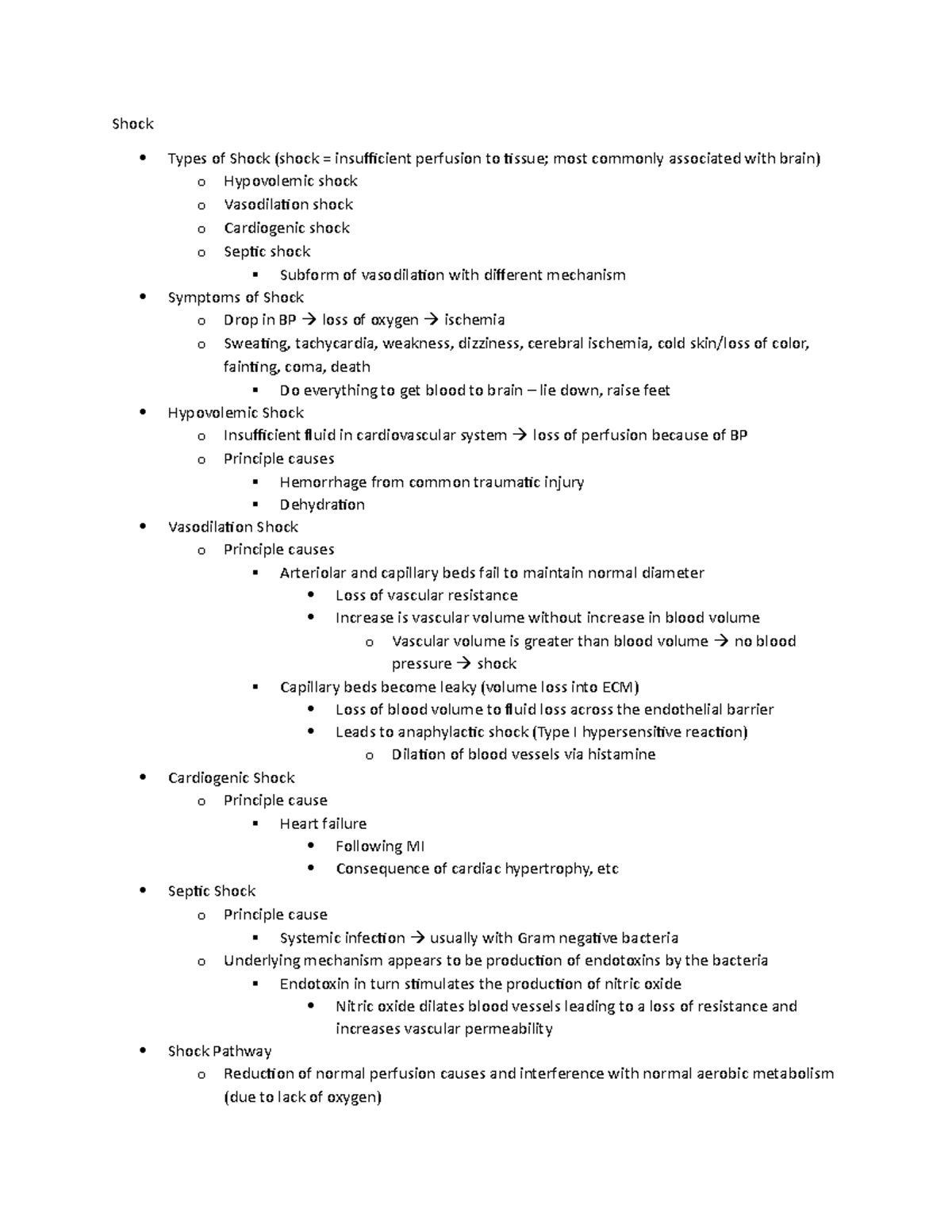 Cerrate Final Notes - Shock Types of Shock (shock = insufficient ...