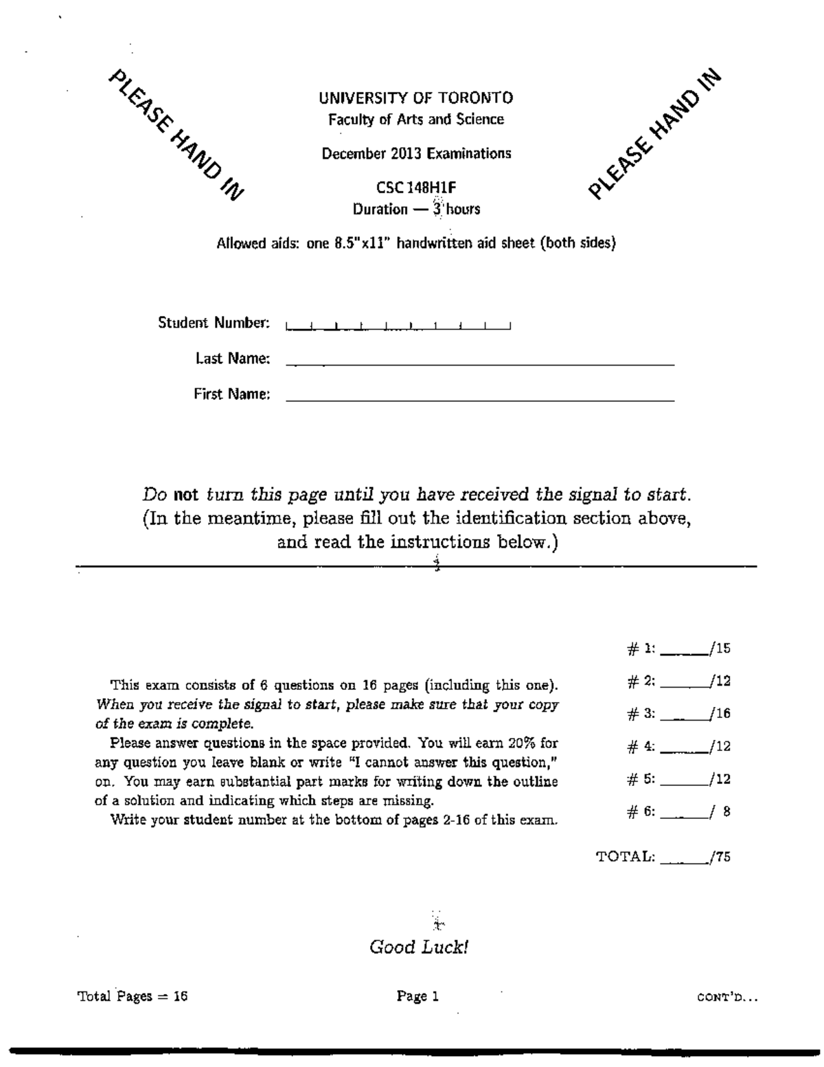 Exam December 2013, questions - Fall final exam - UNIVERSITY OF TORONTO ...