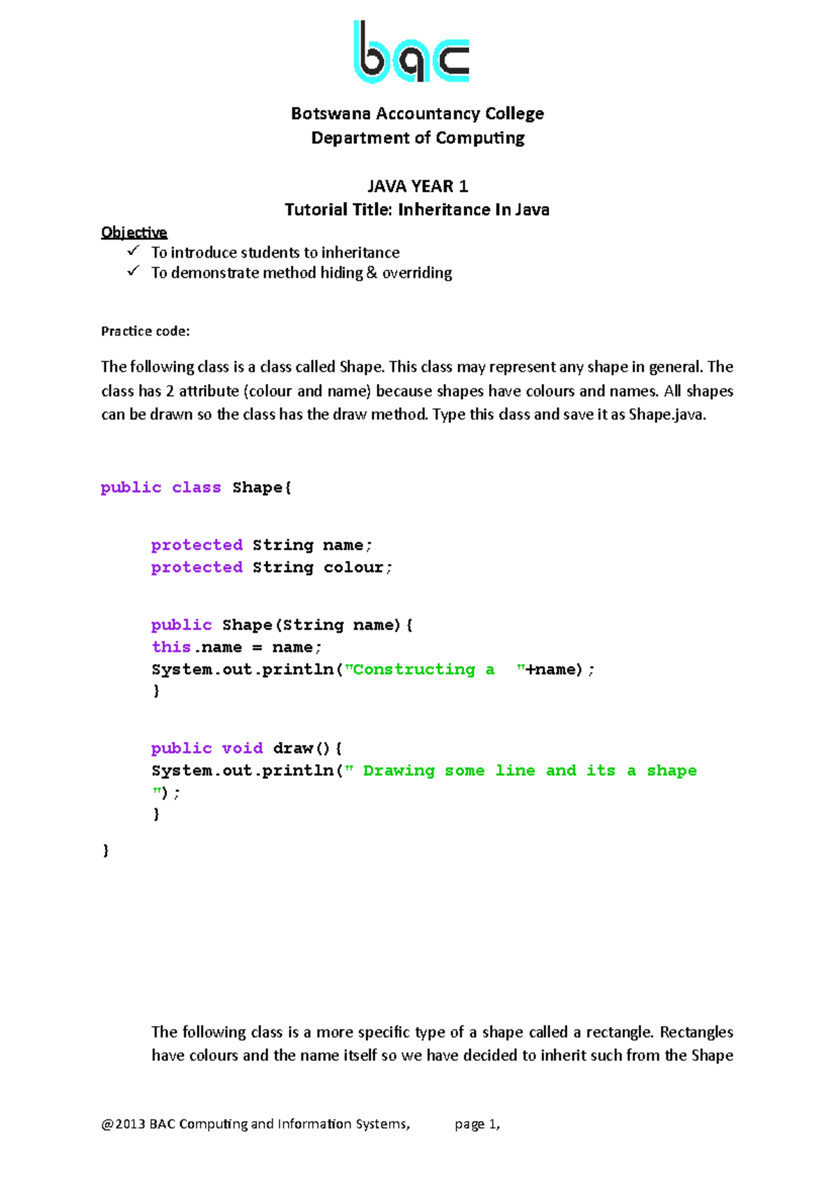 Session 9 Tutorial 1 - Inheritance - Botswana Accountancy College ...