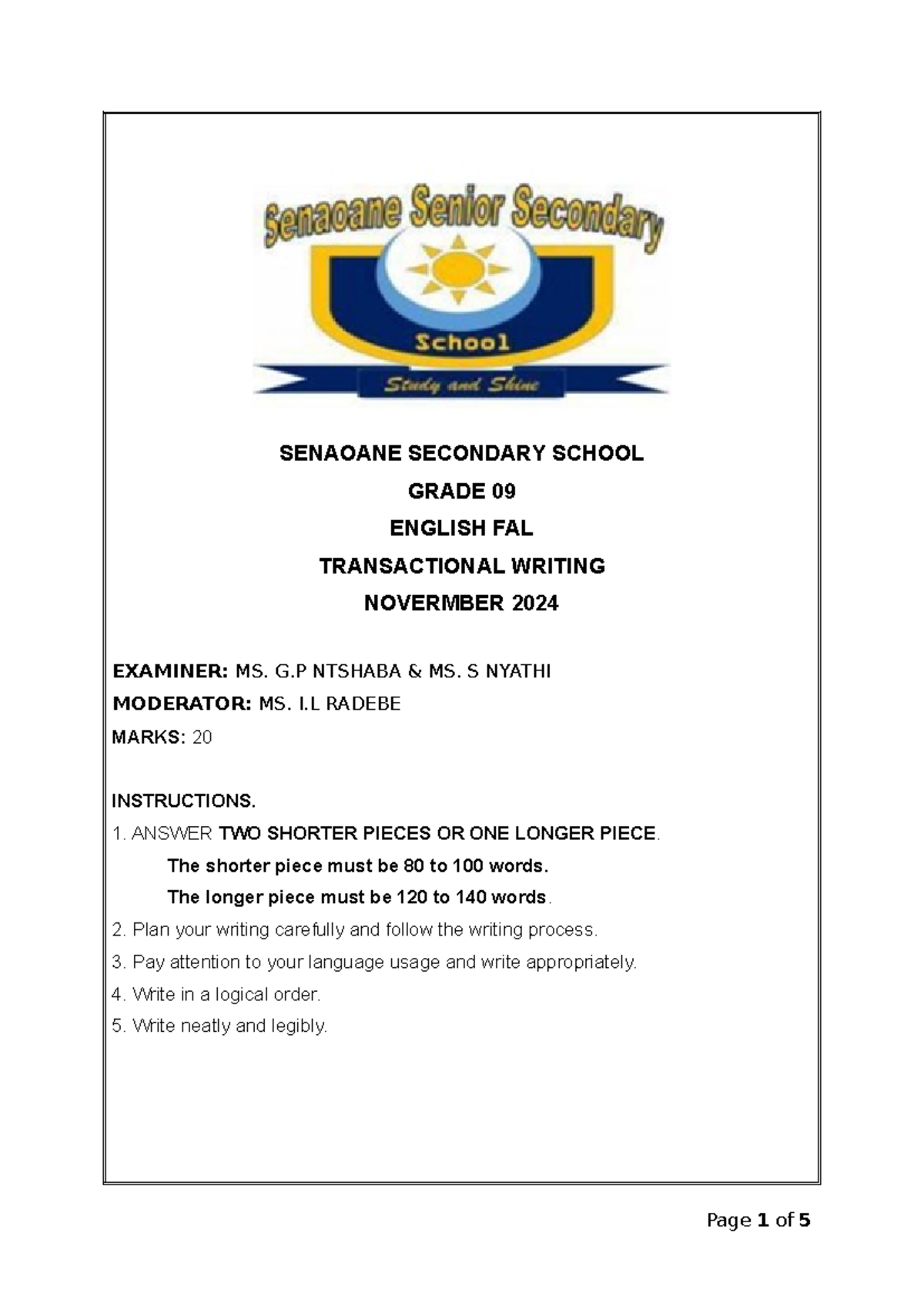 Grade 8 NOV 2024 Trans Writing - SENAOANE SECONDARY SCHOOL GRADE 09 ... Grade 8 NOV 2024 Trans Writing - SENAOANE SECONDARY SCHOOL GRADE 09 ...