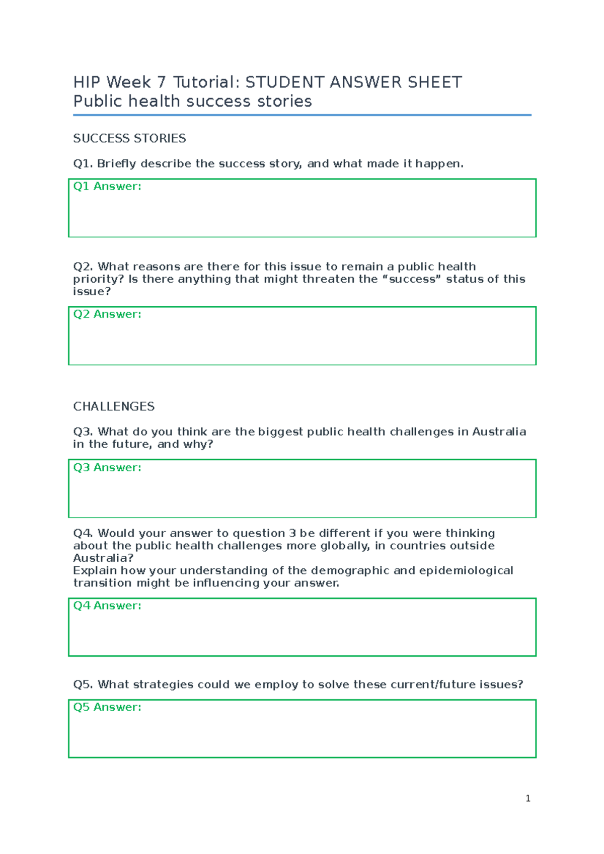 Wk7T student answer sheet - HIP Week 7 Tutorial: STUDENT ANSWER SHEET ...