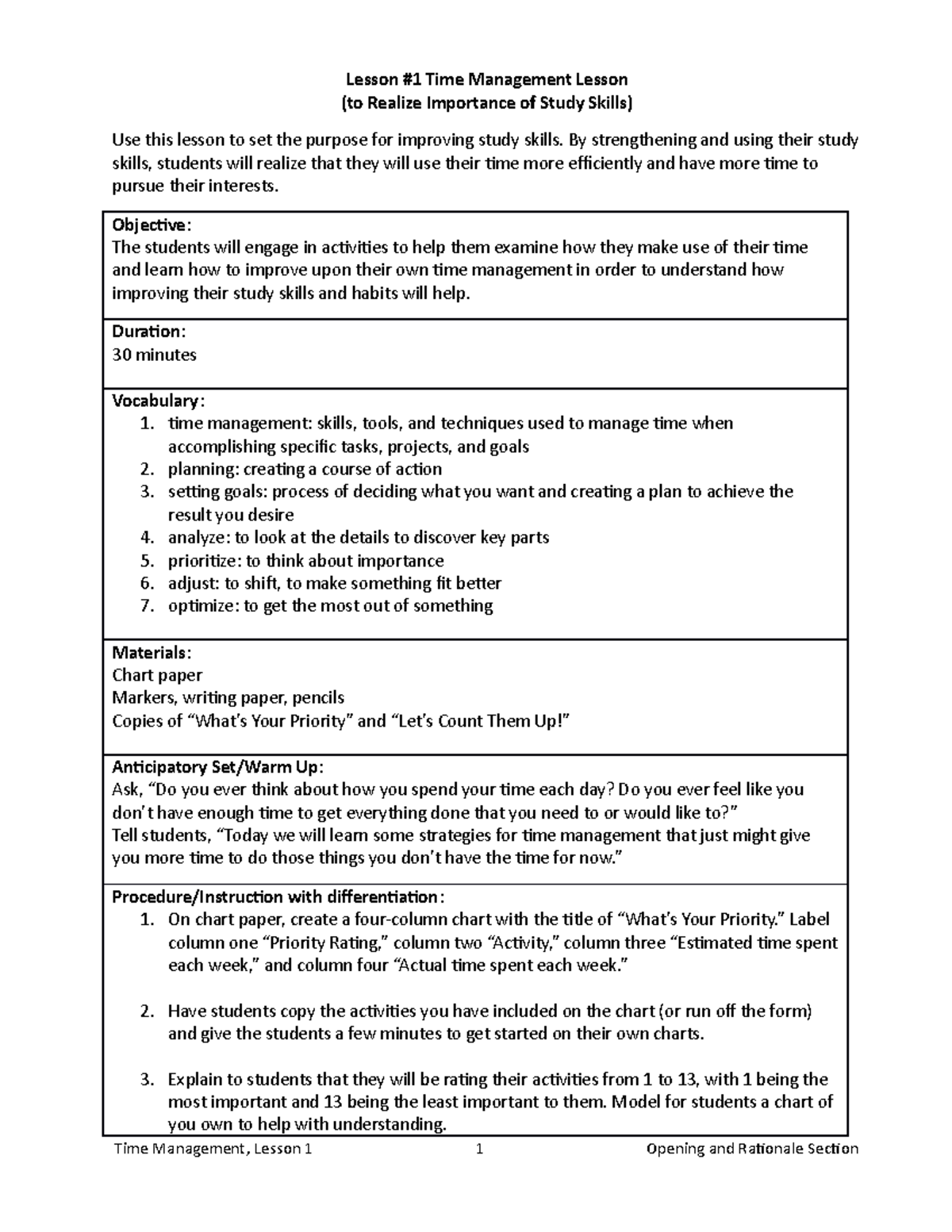 4 Time Management, Lesson 1 - Lesson #1 Time Management Lesson (to ...