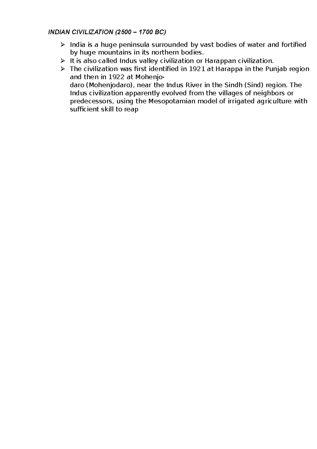 Indian- Civilization - INDIAN CIVILIZATION (2500 – 1700 BC) India is a ...