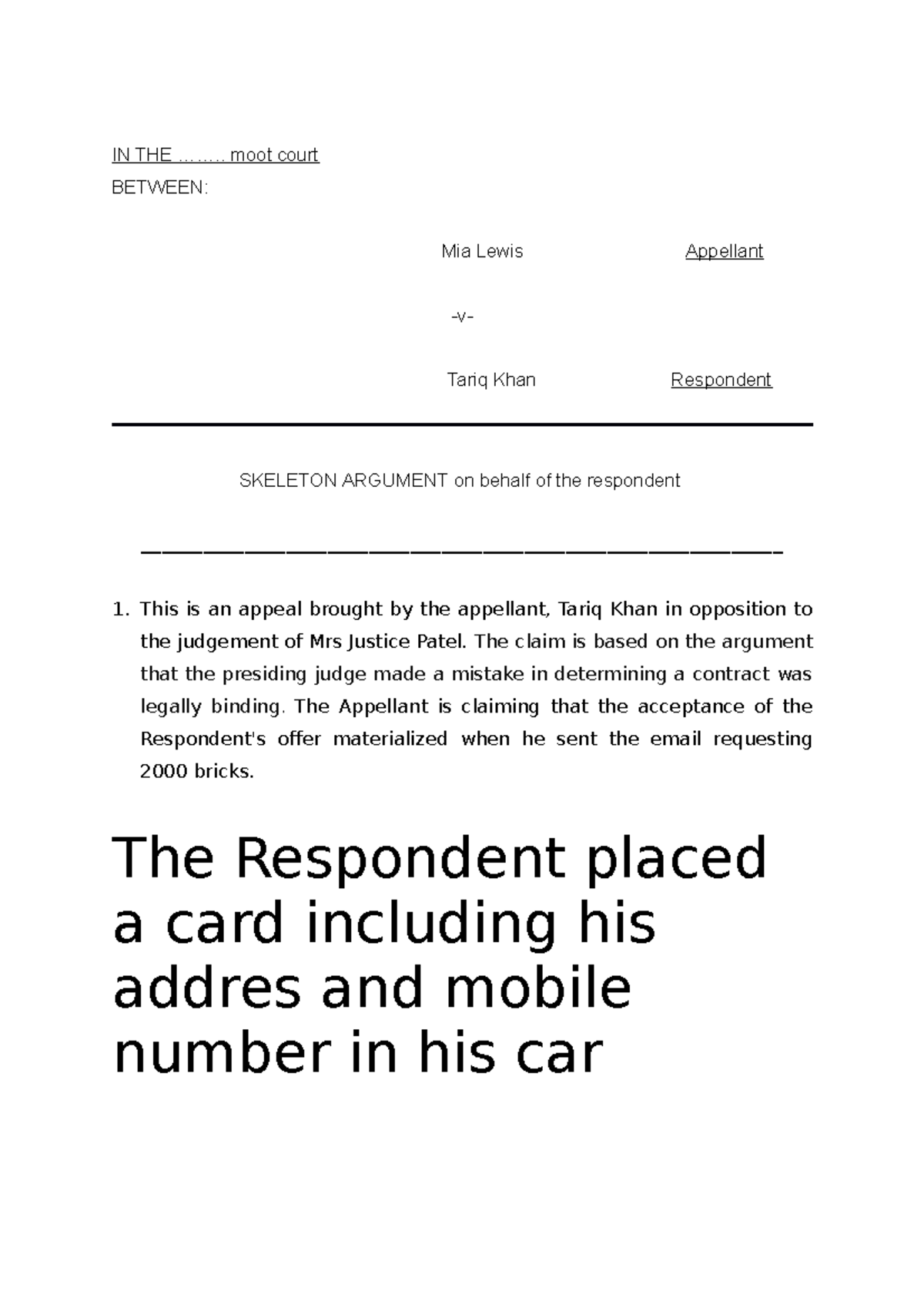 Skeleton argument - Template - IN THE ........ moot court BETWEEN: Mia ...