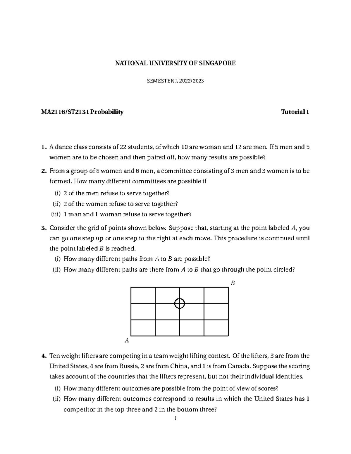 Probability-Tutorial 1 - NATIONAL UNIVERSITY OF SINGAPORE SEMESTER I ...