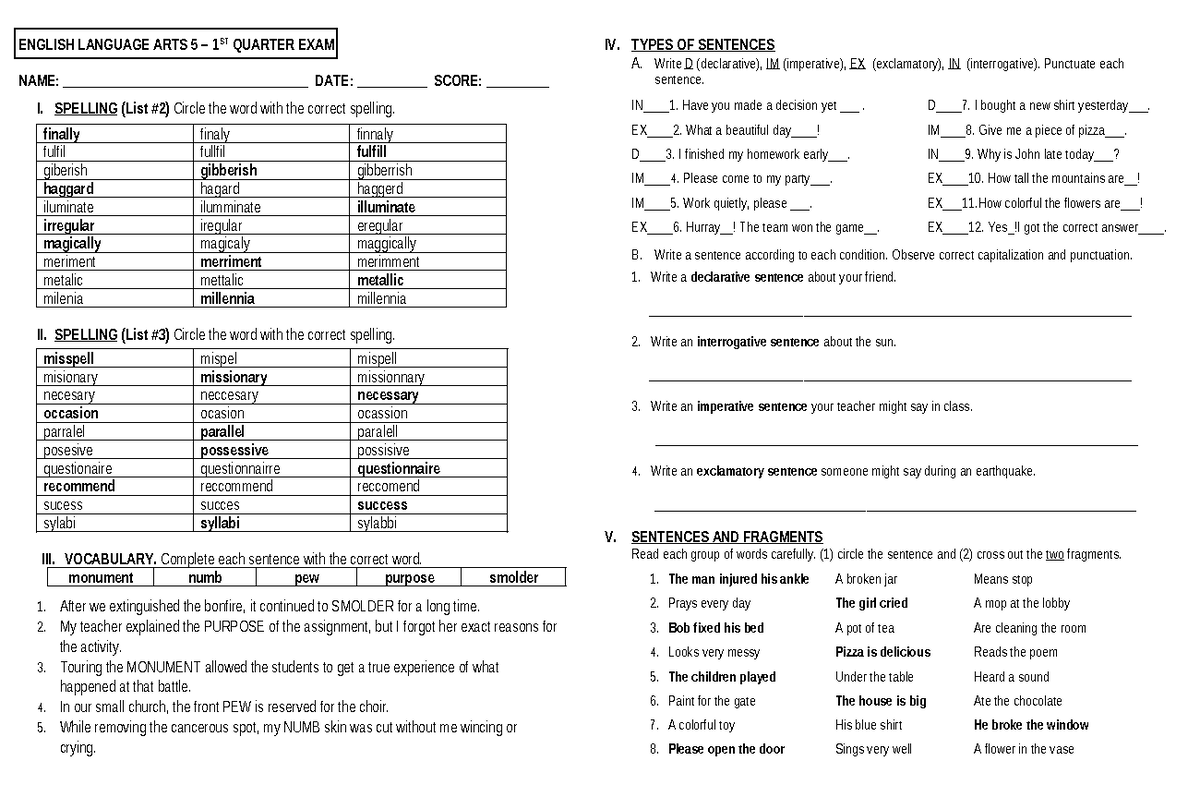 Grade 5 English EXAM1 Answer KEY ENGLISH LANGUAGE ARTS 5 1ST