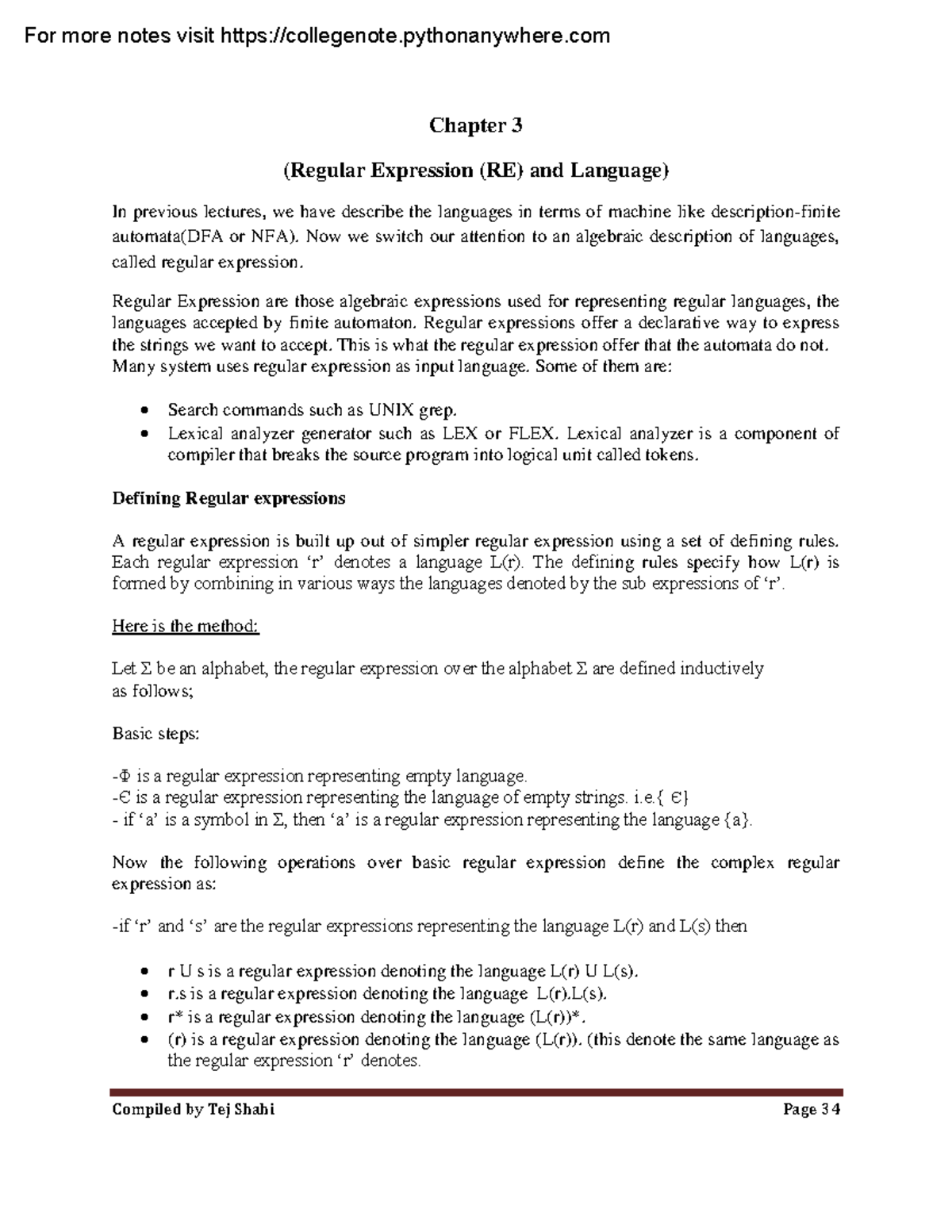TOC-3 - note - Chapter 3 (Regular Expression (RE) and Language) In ...