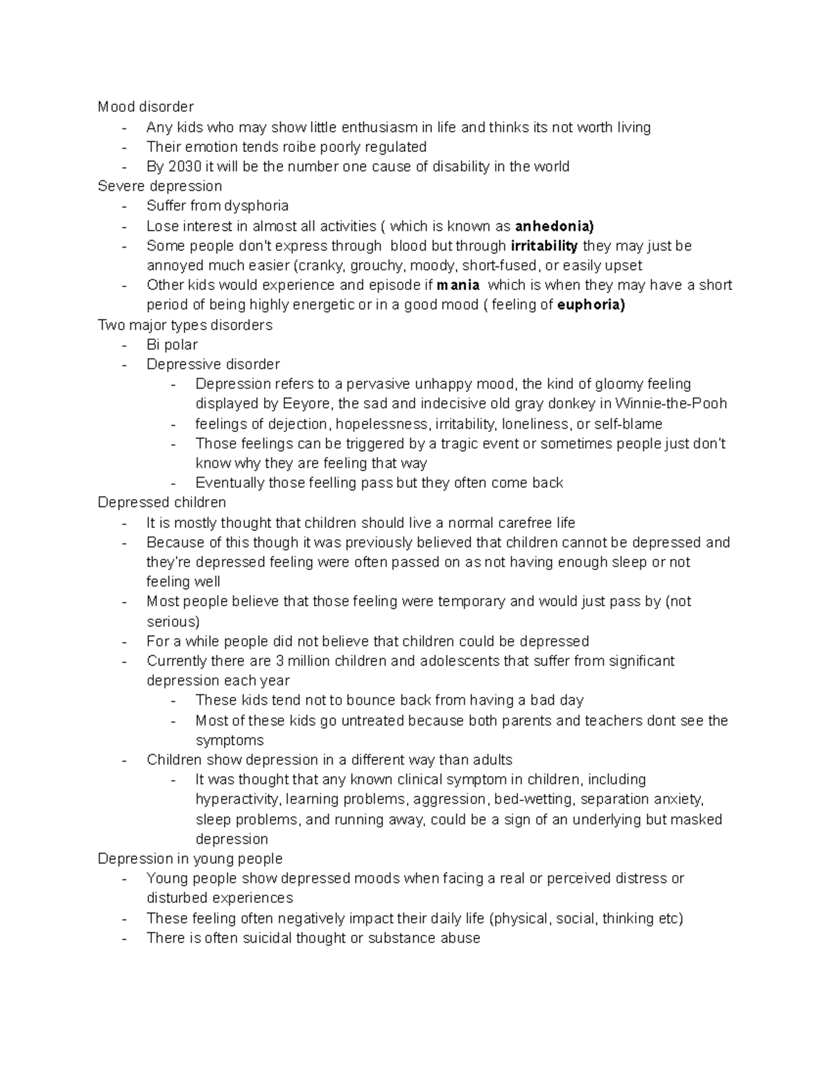 Psych 2042 midterm 2 notes - Mood disorder - Any kids who may show ...
