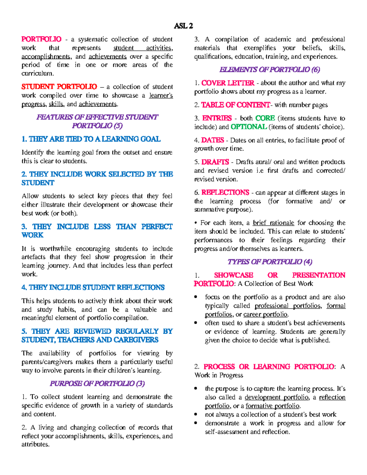 ASL 2 Reviewer 2 - ASL 2 PORTFOLIO - a systematic collection of student ...