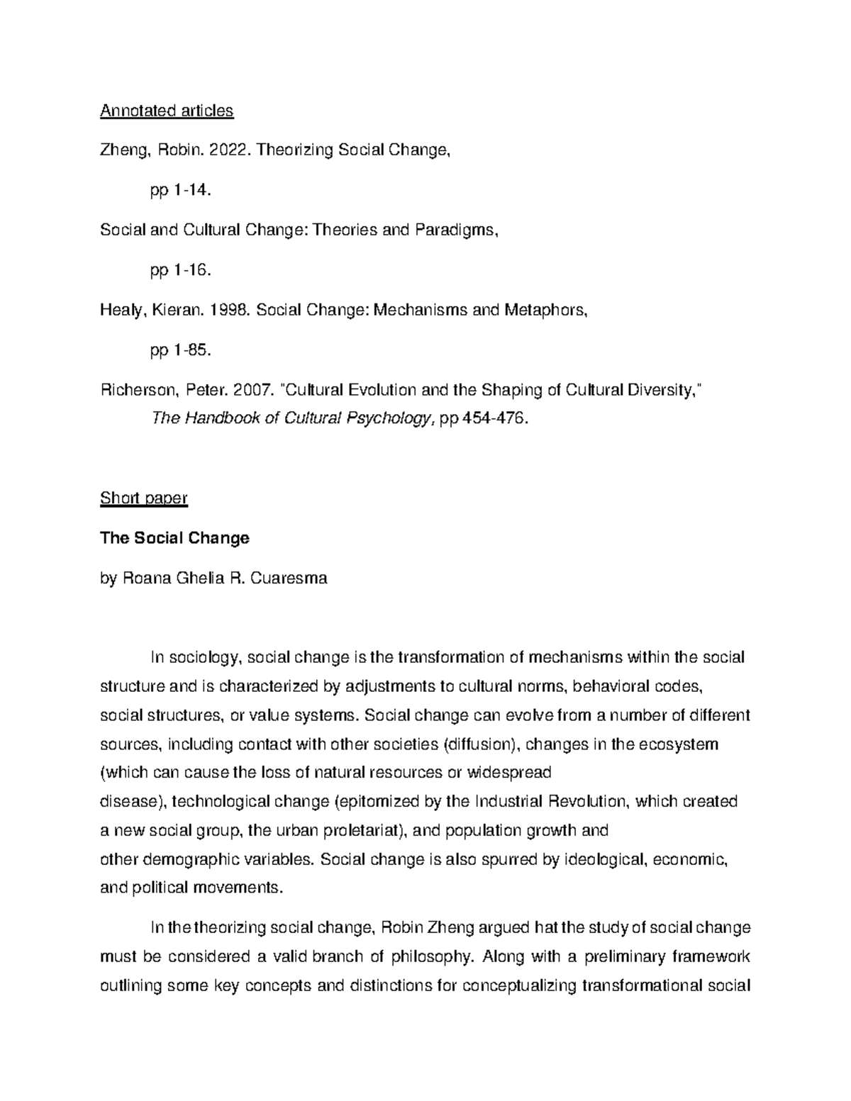 social change annotation paper - Annotated articles Zheng, Robin. 2022 ...