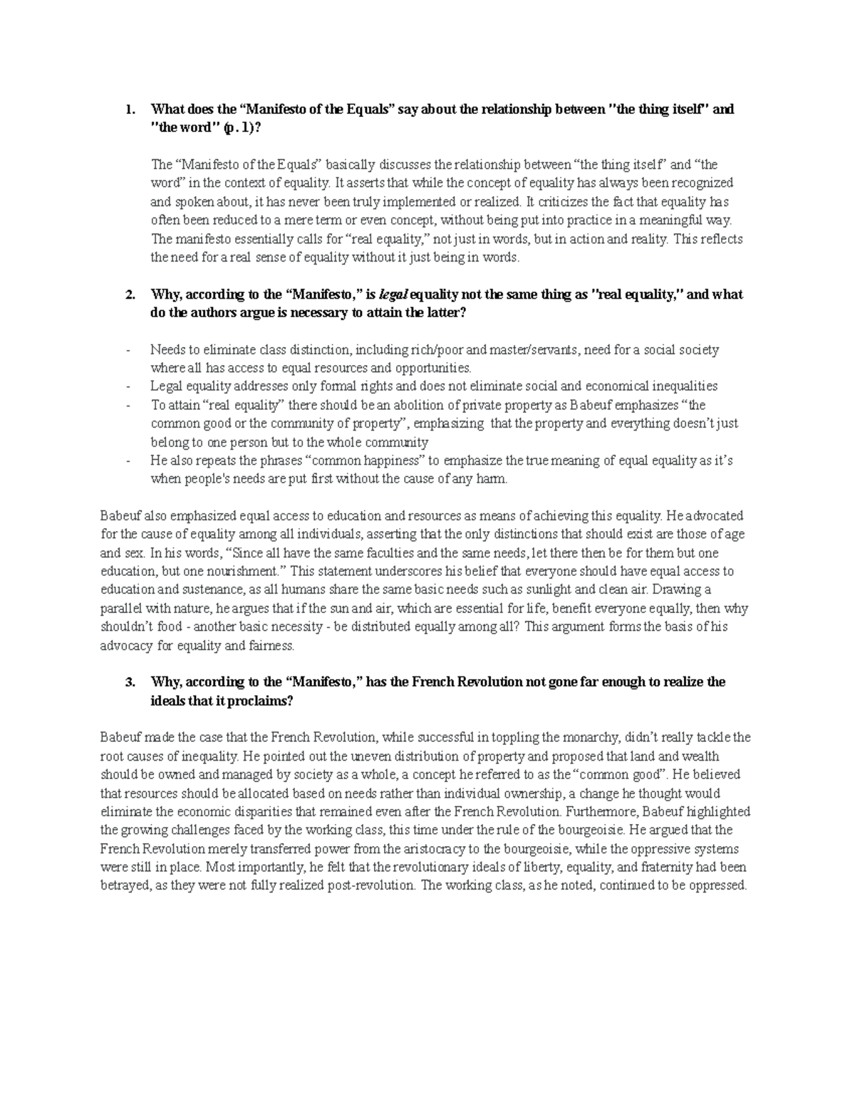 Gracchus Babeuf, “Manifesto of the Equals” - 1. What does the ...