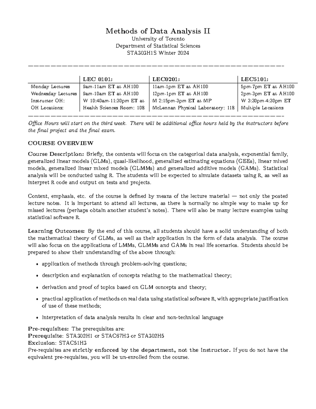 Syllabus of sta 303 - Methods of Data Analysis II University of Toronto ...