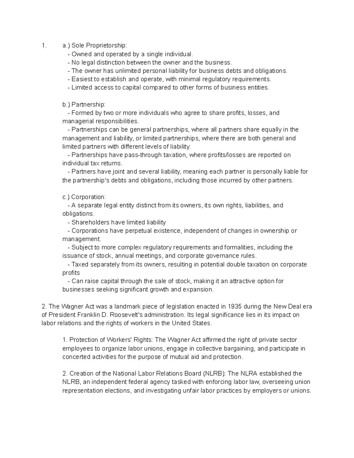 GBL EXAM 4 Sub - Writing Assignment #4 - a.) Sole Proprietorship: Owned ...