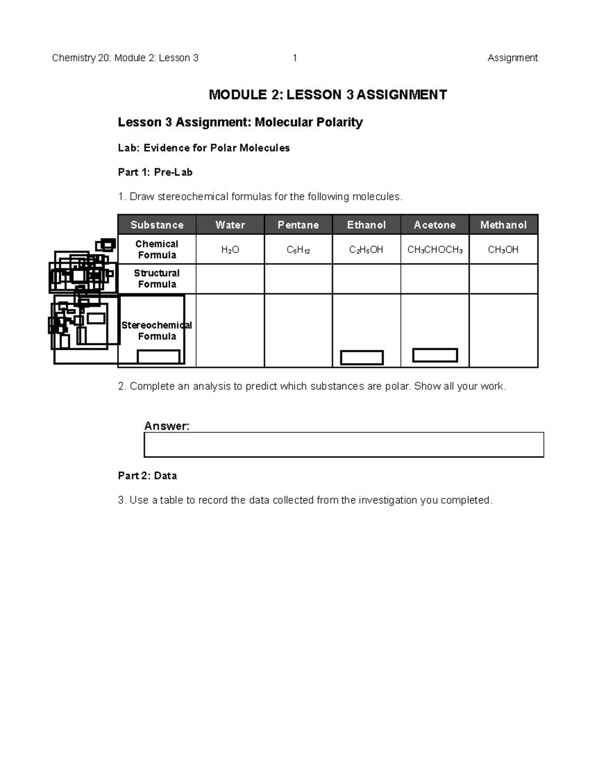 2.3 molecular bonds - Chemistry 20: Module 2: Lesson 3 1 Assignment MODULE 2: LESSON 3 ...