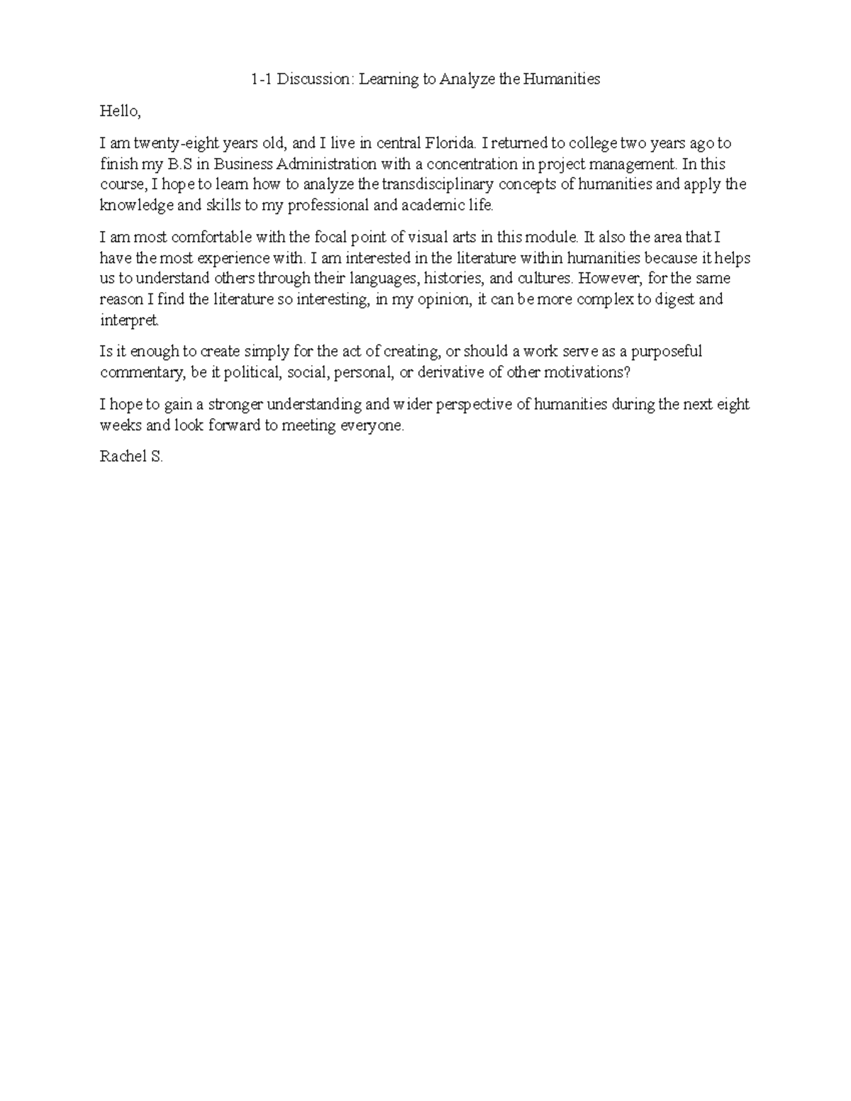 HUM200 1-1 Discussion - 1-1 Discussion: Learning to Analyze the ...