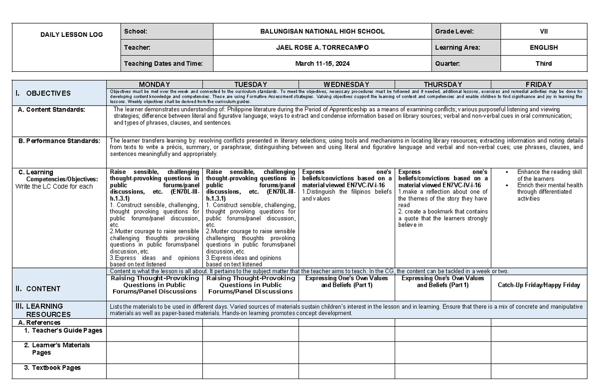 DLL english 7 3rd quarter week7 - DAILY LESSON LOG School: BALUNGISAN ...