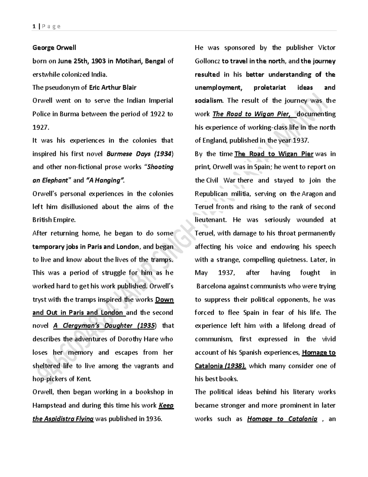 George Orwell work - George Orwell born on June 25th, 1903 in Motihari ...