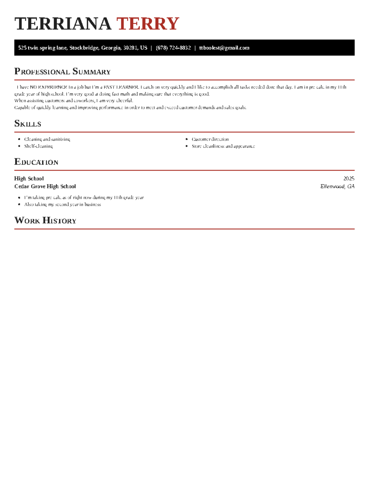 Terriana Terry's Resume - TERRIANA TERRY 525 twin spring lane ...