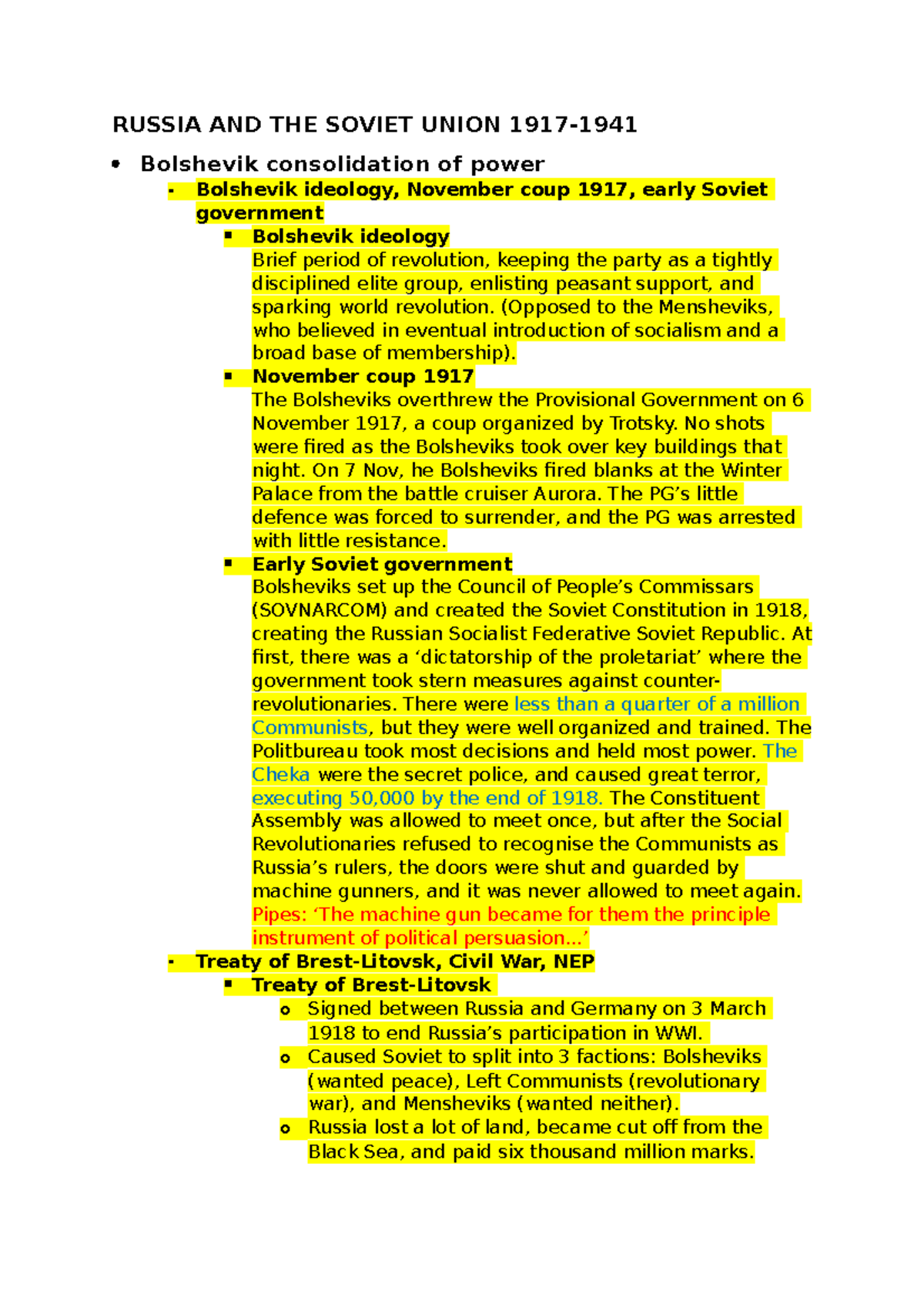 Russia Cram - cram notes - RUSSIA AND THE SOVIET UNION 1917- Bolshevik ...