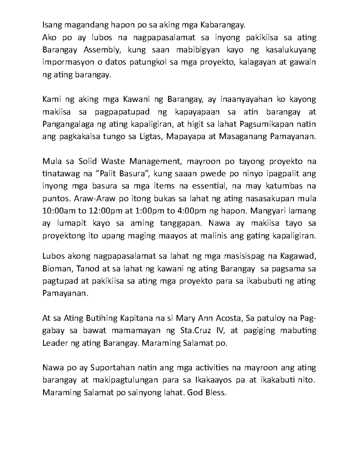 Isang magandang hapon po sa aking mga Kabarangay - Ako po ay lubos na nagpapasalamat sa inyong ...