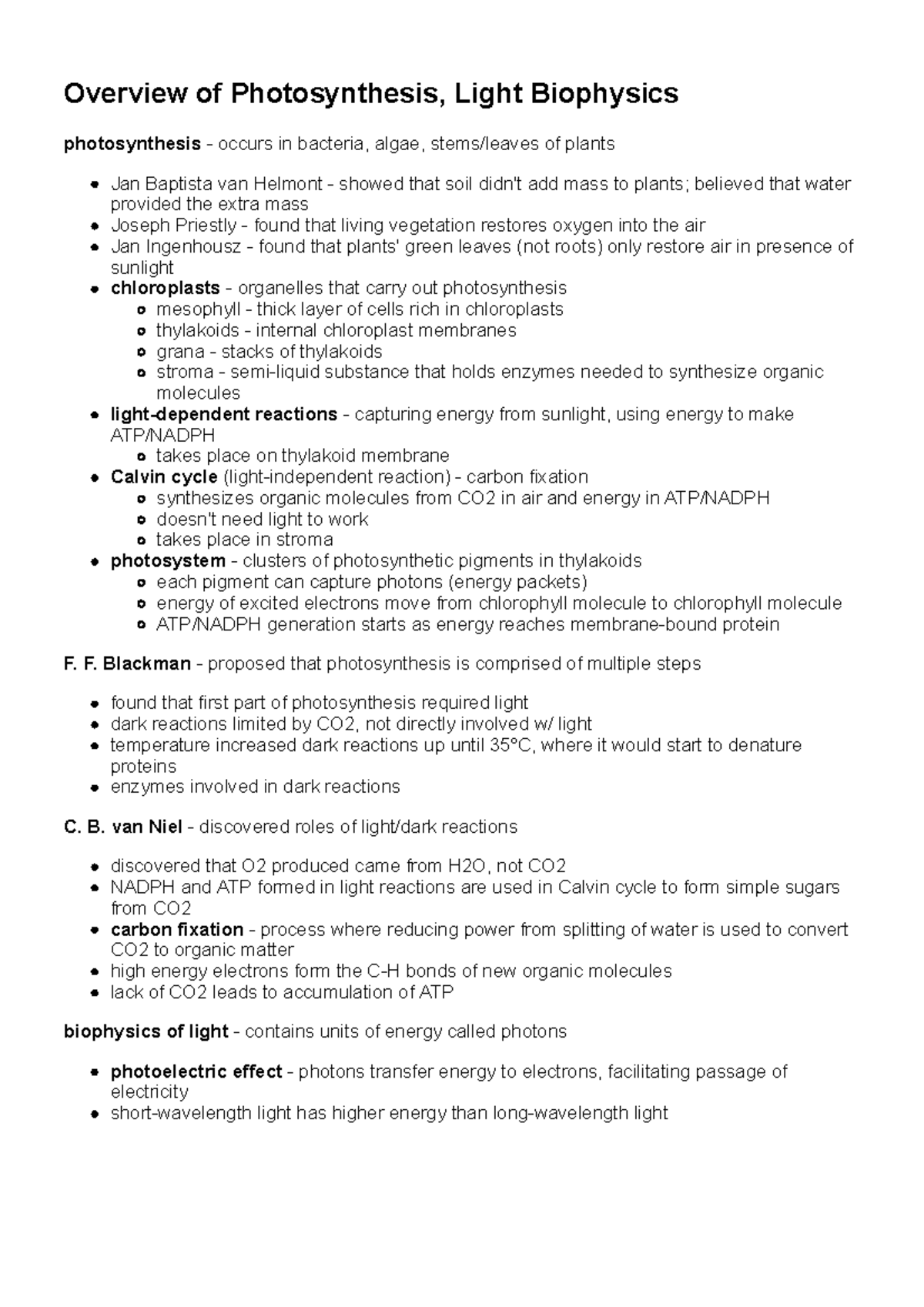 Overview of Photosynthesis, Light Biophysics - Overview of ...