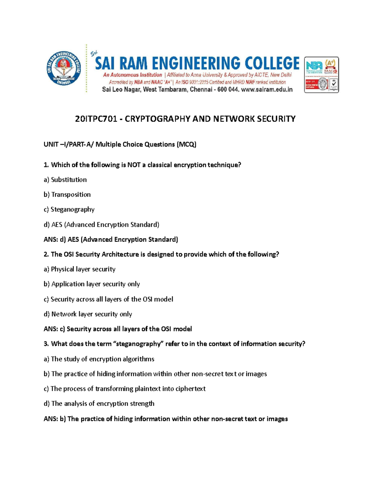 Unit 1 QB - About the unit 1 and 2 - 20ITPC701 - CRYPTOGRAPHY AND NETWORK SECURITY UNIT –I/PART ...