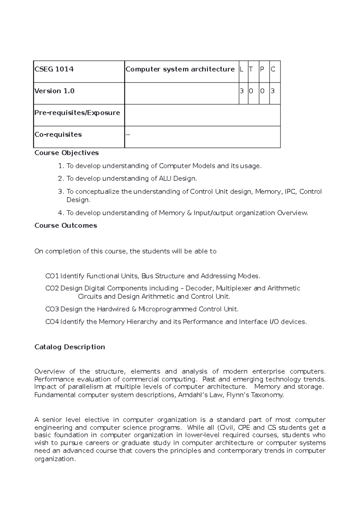 Computer System Architecture course plan - CSEG 1014 Computer system ...