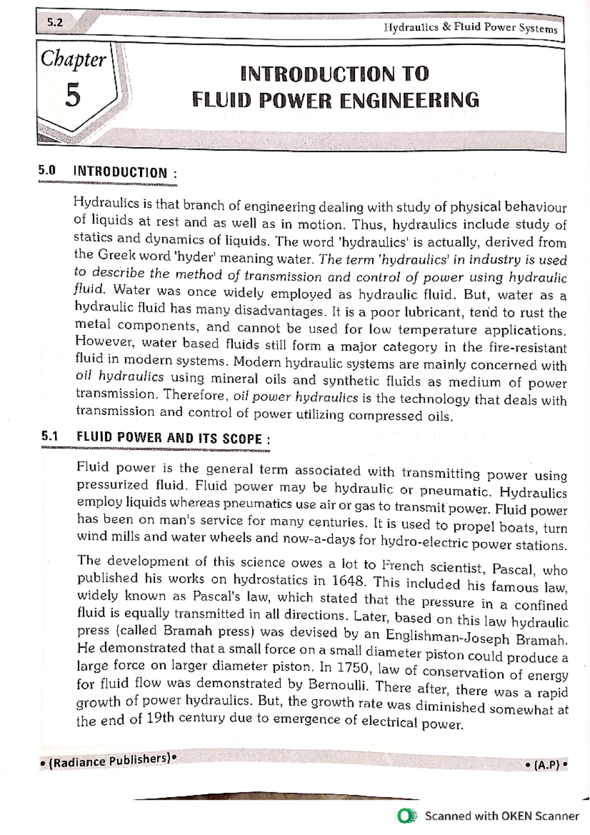 Diwakar - notes - 5 Hydraulics Fluid Power Systems Chapter INTRODUCTION ...