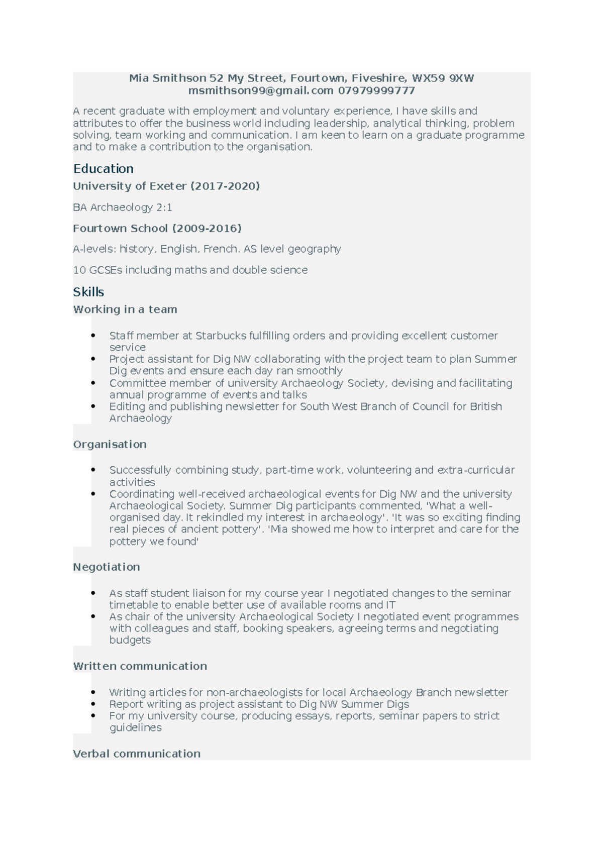 EXample of skills based cv - Mia Smithson 52 My Street, Fourtown ...