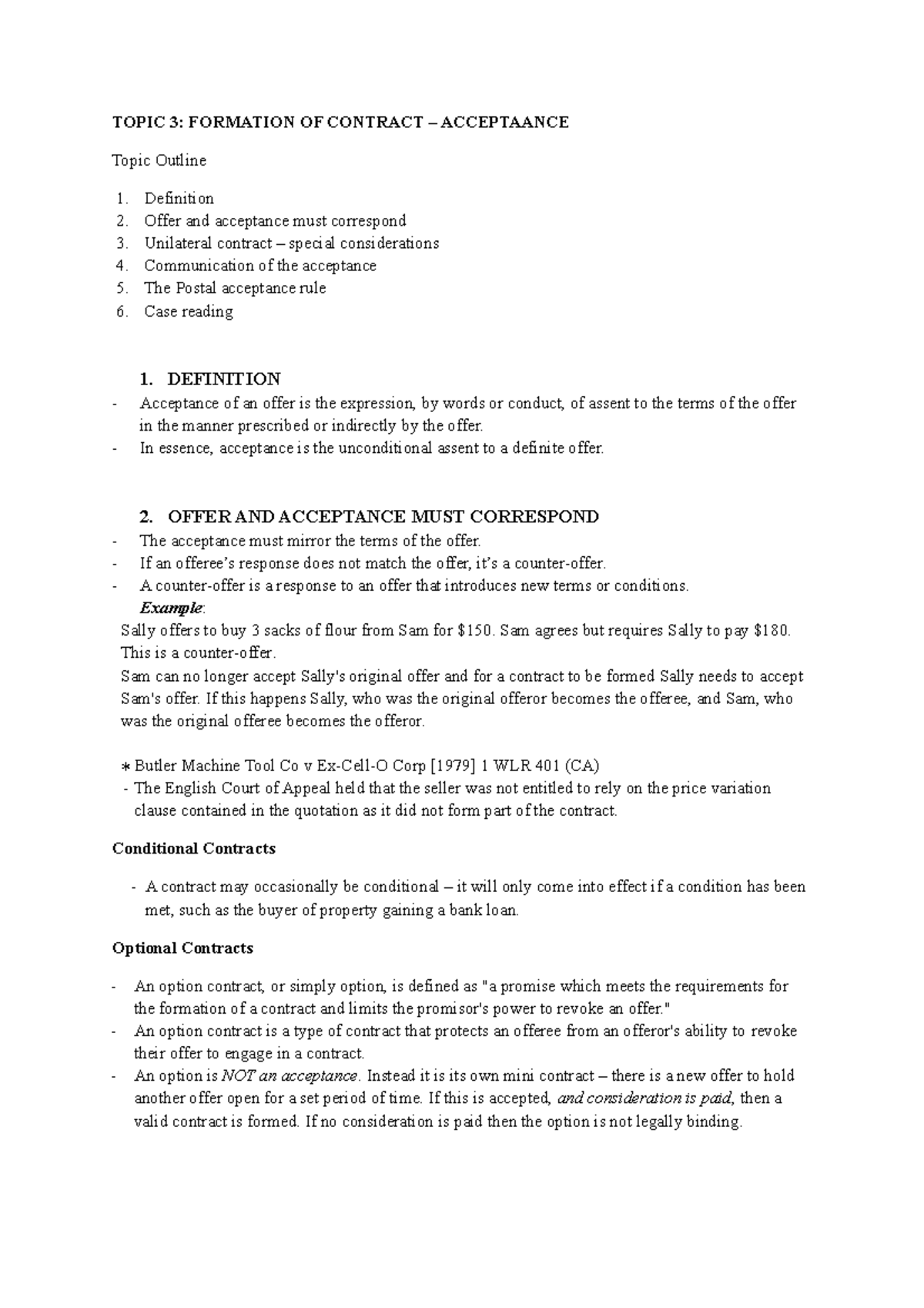 LW 201 Topic 3 - SUMMARY - TOPIC 3: FORMATION OF CONTRACT – ACCEPTAANCE ...