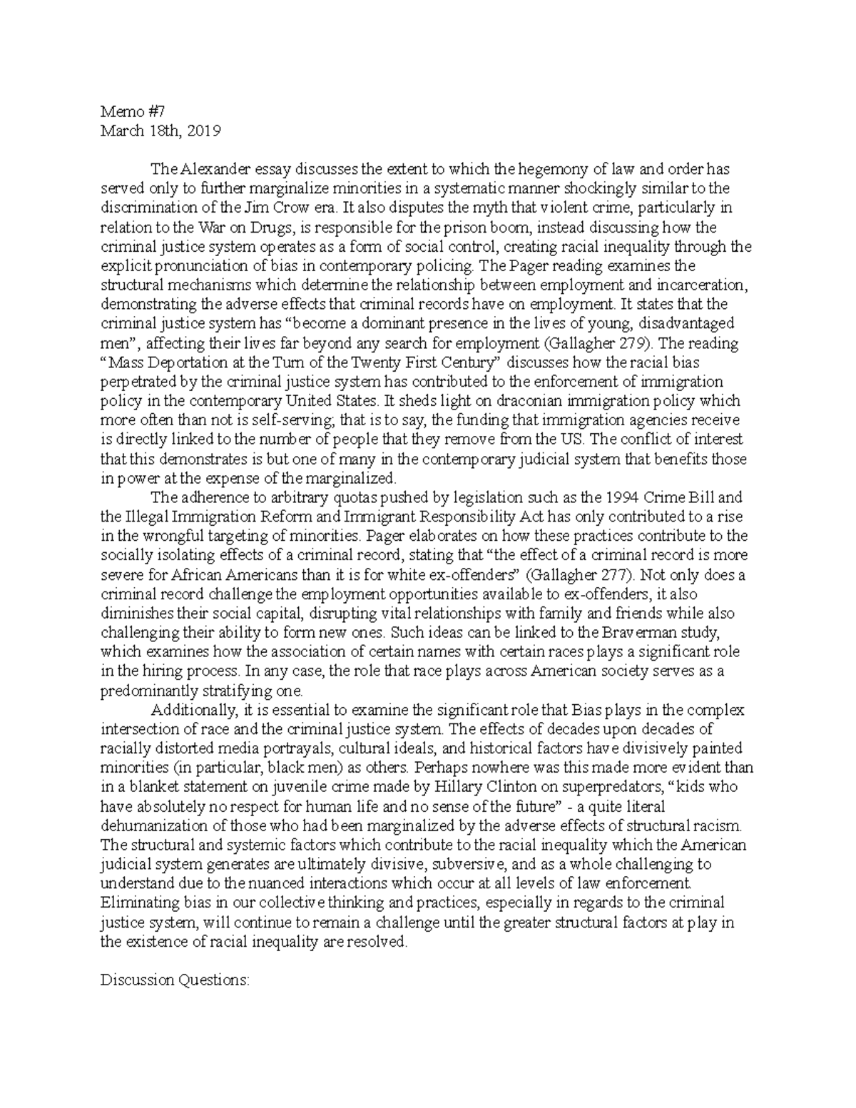 Week 10 Memo - Summary and analysis of readings - Memo # March 18th ...